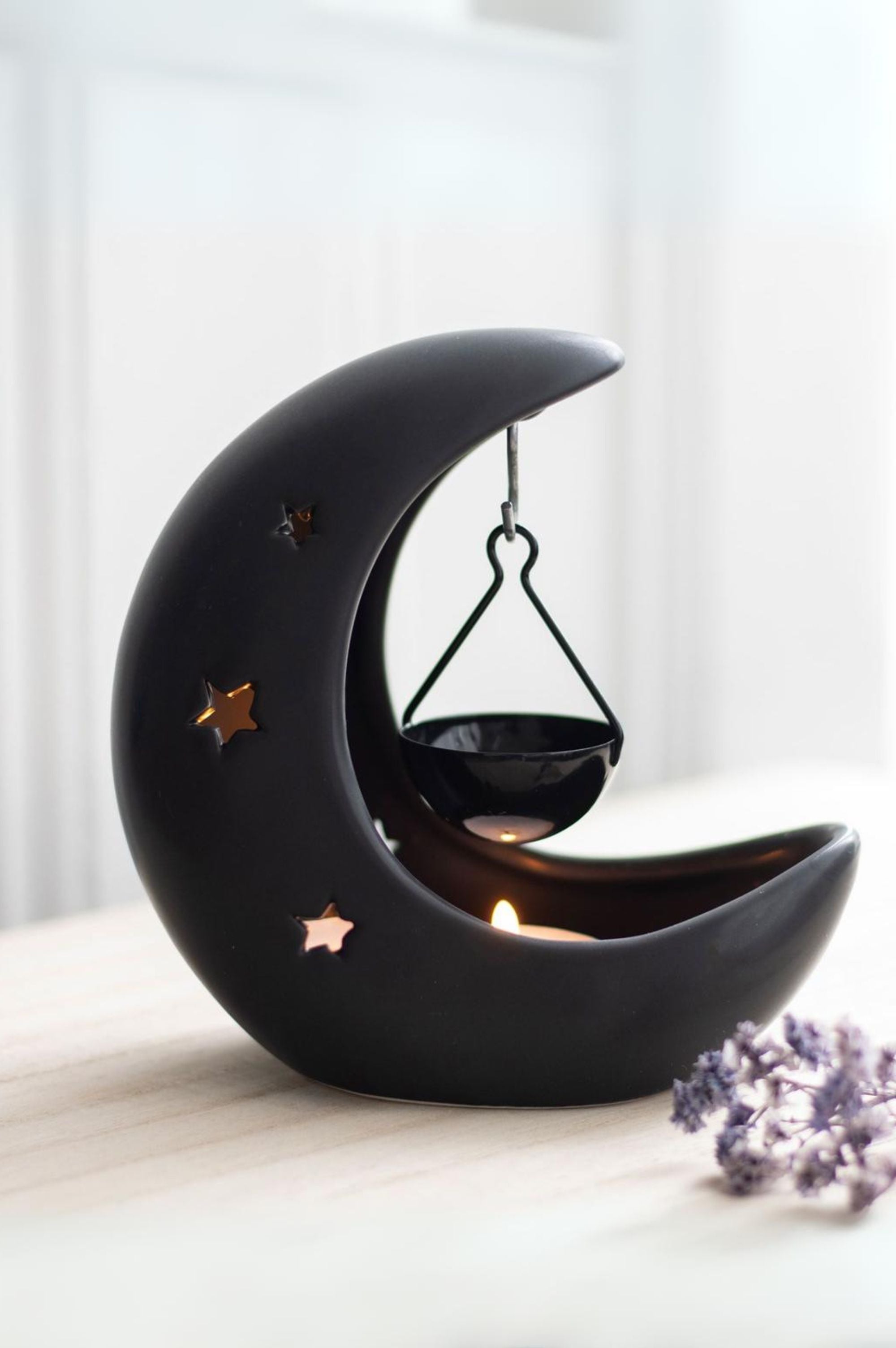 Black Crescent Moon Star Hanging Wax Melt Burner / Incense Cone Holder ...